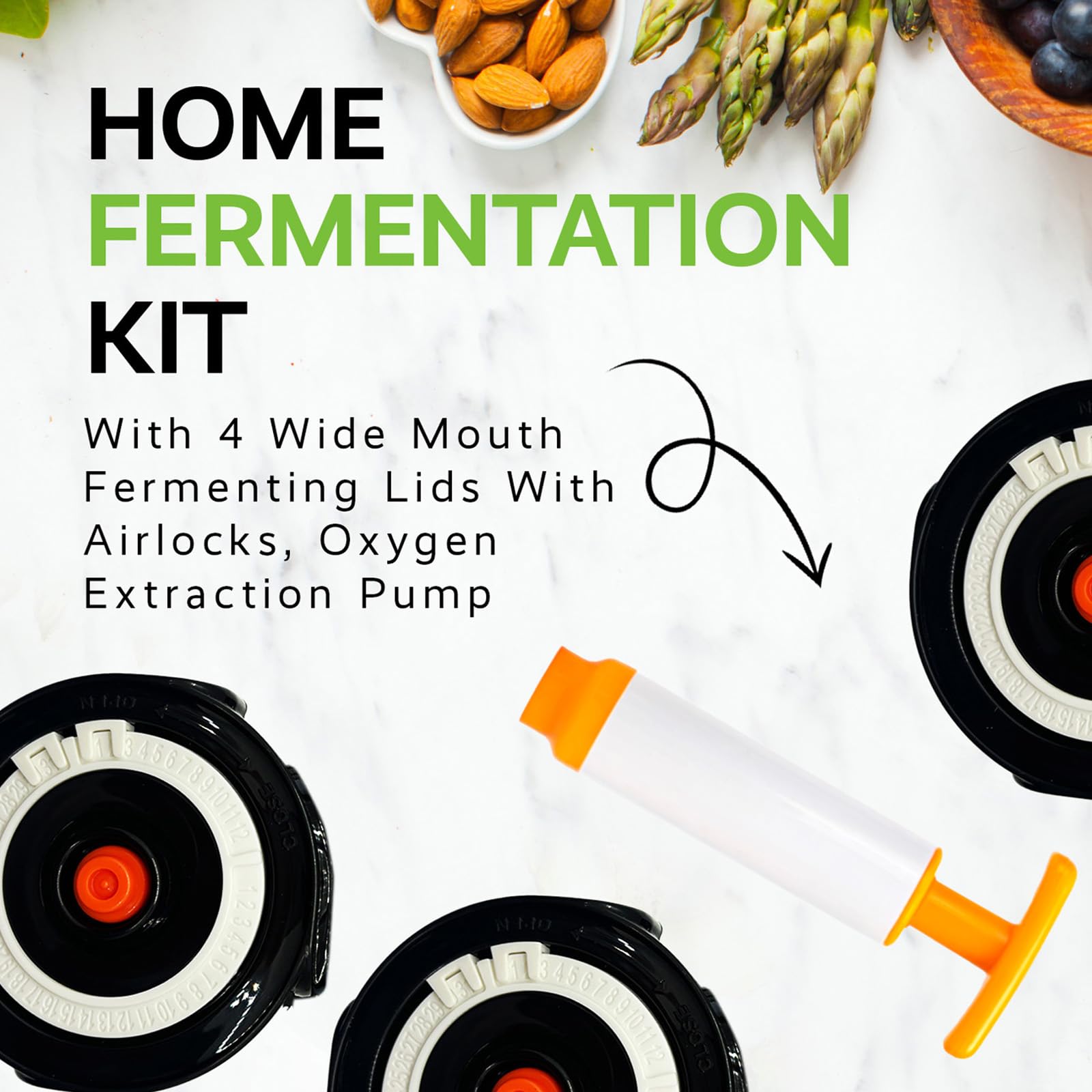 Fermenter lids - Home Fermentation Kit With 4 Wide Mouth Fermenting Lids With Airlocks, Oxygen Extraction Pump, Ideal For Sauerkraut, Kimchi, Pickles & Fermented Vegetable