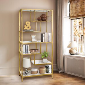 AT-VALY 6 Tier Bookcase Bookshelf, 72.4”Tall Modern Freestanding Bookshelf with 6 Shelves, Faux Marble Open Display Storage Book Shelves for Living Room Bedroom Home Office (Gold)