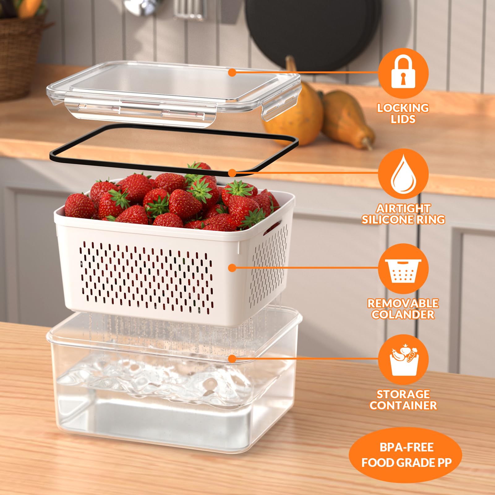 5 PCS Large Fruit Storage Containers for Fridge with Removable Colanders, Airtight Food Storage Containers with 5 Lids, 4 in 1 Produce Containers Keep Berry Fruits Vegetable Food Meat Fresh Longer