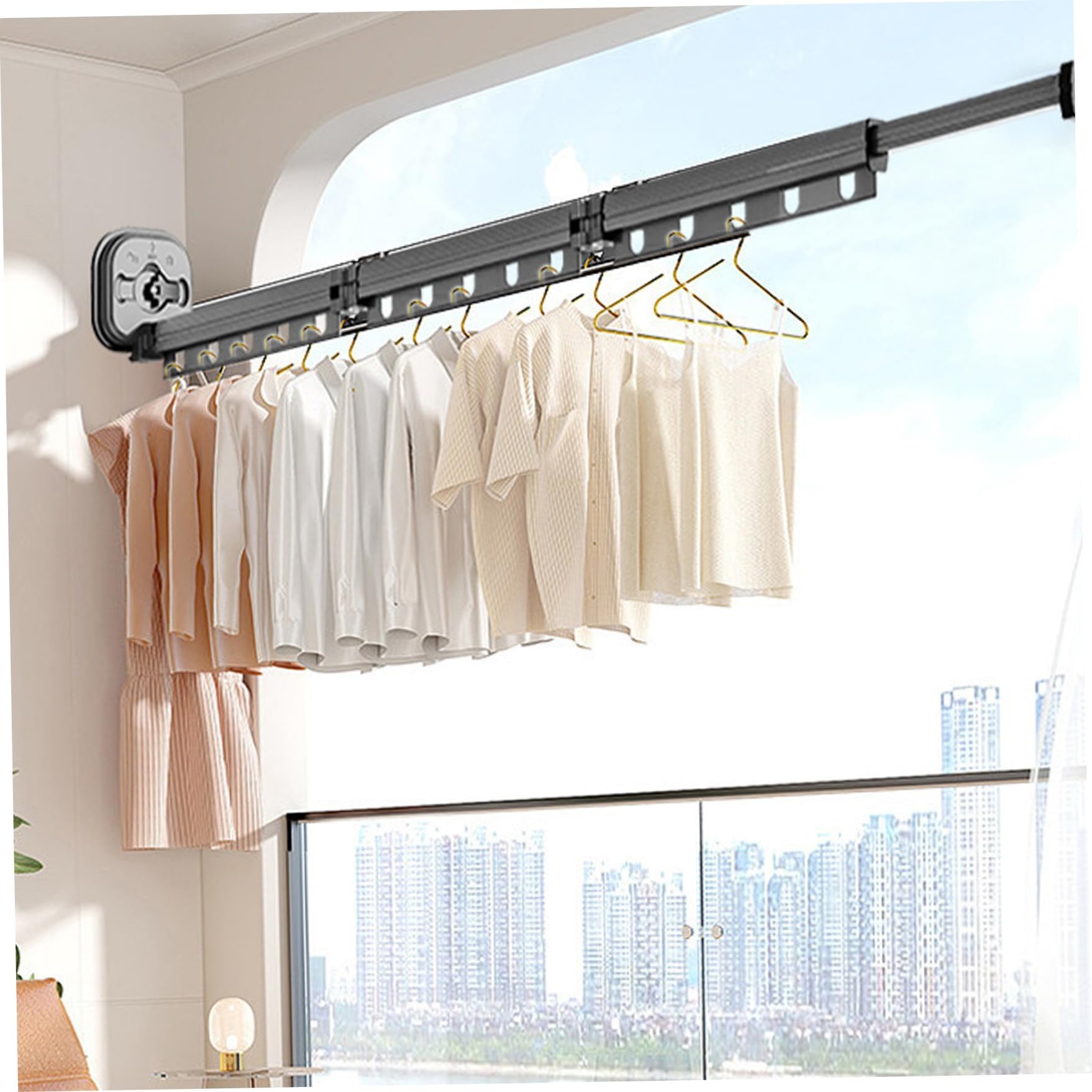 Tri Folding Clothing Rack Suction Cup, Upgraded 3-Fold Retractable Clothes Drying Rack with Suction Cup Clothes Laundry Hanger with Extension Pole Wall Laundry Drying Rack (White, One Paragraph)