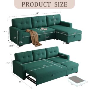 Favfurish 82" Sectional Sofa with Storage Chaise & Pull, L-Shape Convertible Couch Bed W/Tufted Backrest,Reversible Sleeper for Living Room Apartment Office, Green