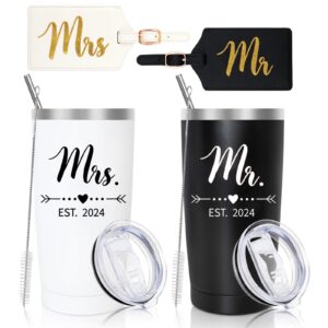 dhqh personalized mr and mrs est 2024 gift stainless steel travel tumbler & leather luggage tag set - wedding gifts for couples 2024- perfect newlywed, engagement, and bridal shower gifts