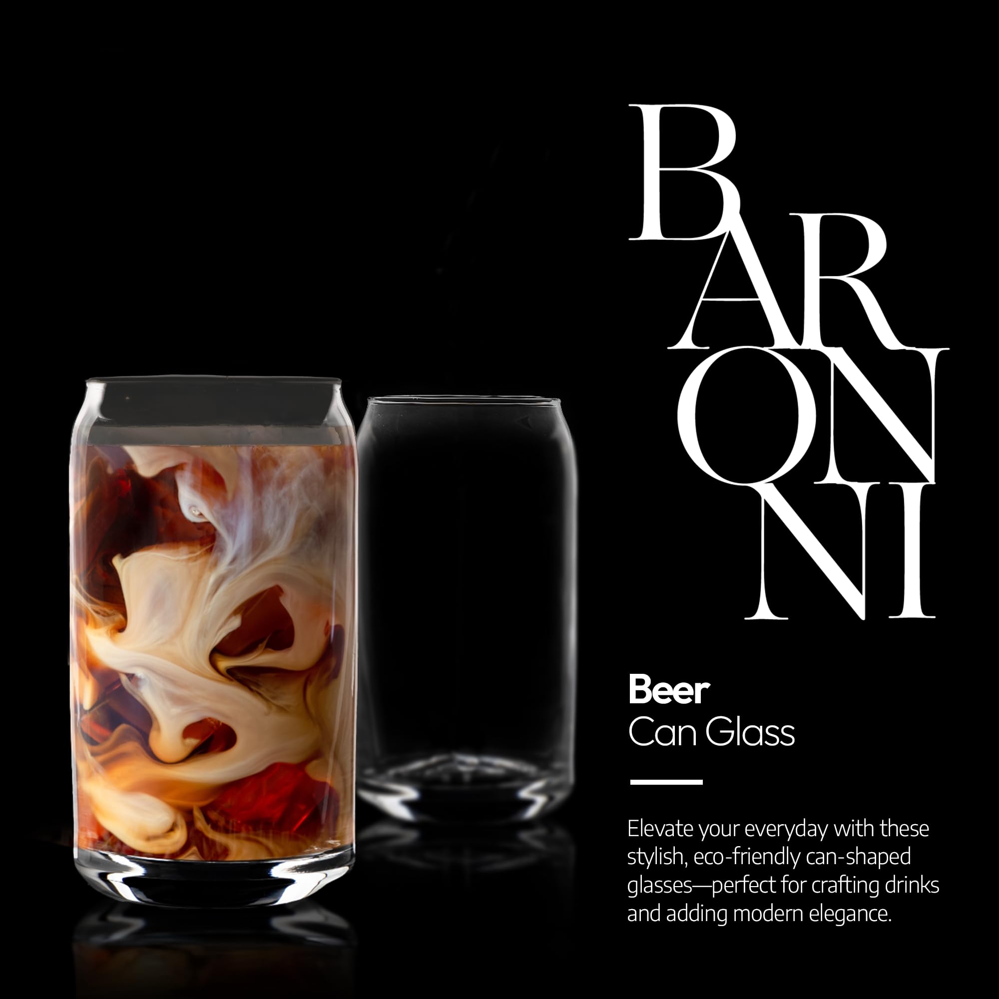 BARONNI Can Shaped Drinking Glasses for Iced Coffee & Tea - 16oz Clear Tumbler Drinkware - Set of 6 Cups for Soda, Water, Whiskey, Beer and Cocktails