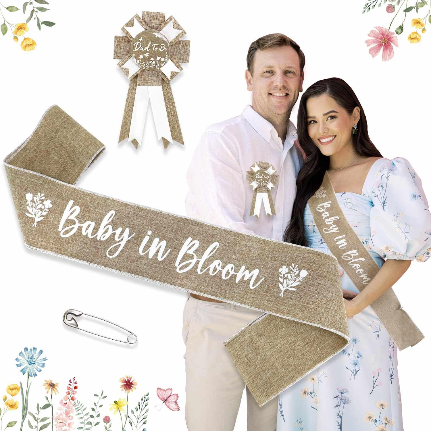 Neutral Mom to Be Sash Baby Shower Decorations,Burlap Baby in Bloom Dad to Be Corsage Wildflower Party Decorations for Pregnant Mommy Dress