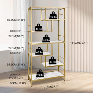 AT-VALY 6 Tier Bookcase Bookshelf, 72.4”Tall Modern Freestanding Bookshelf with 6 Shelves, Faux Marble Open Display Storage Book Shelves for Living Room Bedroom Home Office (Gold)