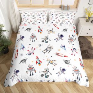 kids robot duvet cover set queen size,ufo spaceship astronauts bedding set for boys girls child room decor,cute aircraft stars print comforter cover space adventure white quilt cover,2 pillowcases