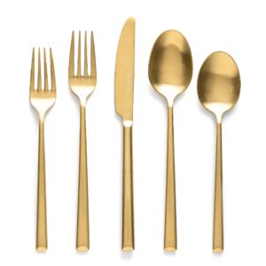 over&back 20pc modern flatware cutlery set - comes with 4 dinner forks, 4 salad forks, 4 dinner knives, 4 dinner spoons, and 4 teaspoons - 18/8 stainless steel - dishwasher-safe - matte gold