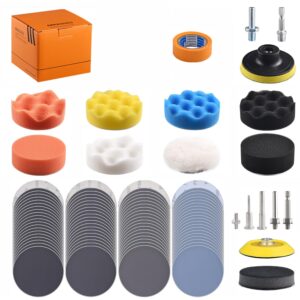 98pack 3 inch car buffer polisher kit with 5/16" & 1/4" shanks for sanding, polishing, waxing, sealing glaze,sanding pads includes p1000-3000 for drill attachment