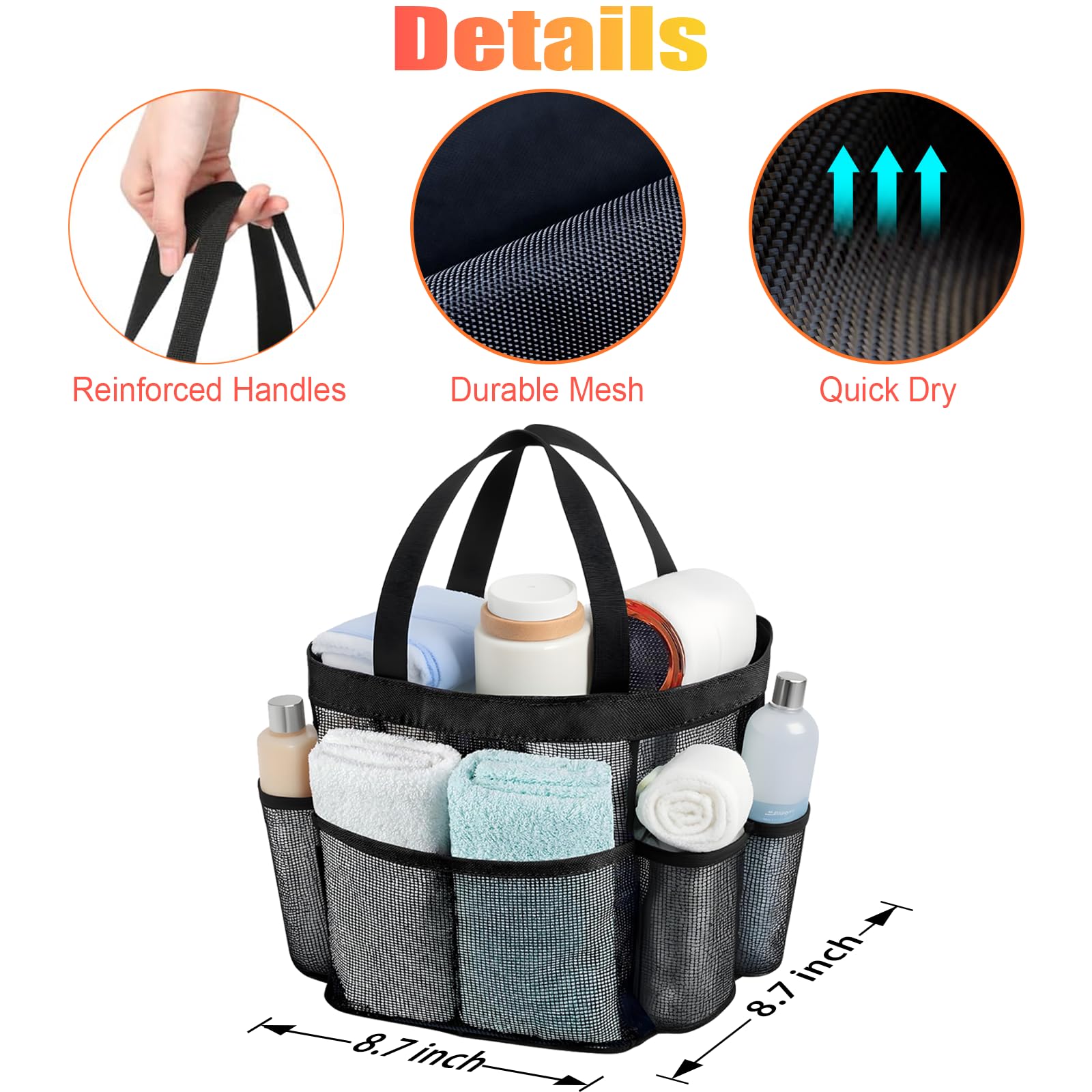 HSONGDILYS 2 Pack Mesh Shower Caddy, Portable 8-Pocket Dorm Shower Bags with Large Capacity, Essential for College Dorms, Perfect for Swimming, Beach, Gym, Camping, and Travel Essentials