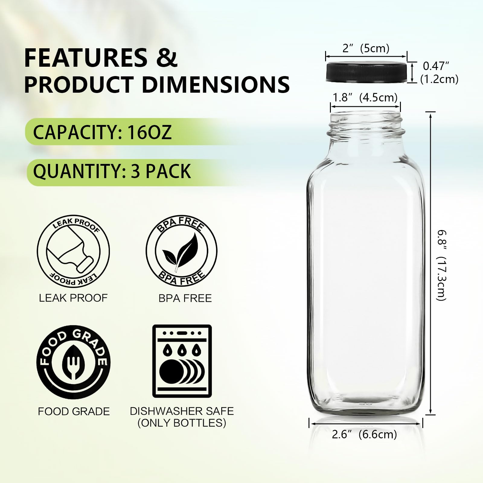 LEVGSAK 3 Pack 16 oz Glass Juice Bottles with Lids,Reusable Glass Drinking Bottles,Clear Water Bottles Drinking Jars for Juicing,Smoothies,Water,Milk,Kombucha Storage,Wellness