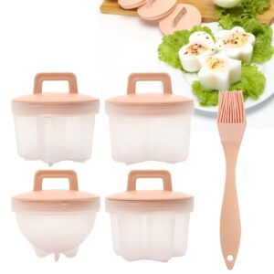 cute set of 4 egg cooking pods mold boiled pink microwave and stovetop hard boiled, soft boiled holder poacher cups, jello cups with lids, square shaper fun cookery kitchen gadgets (including oil brush)