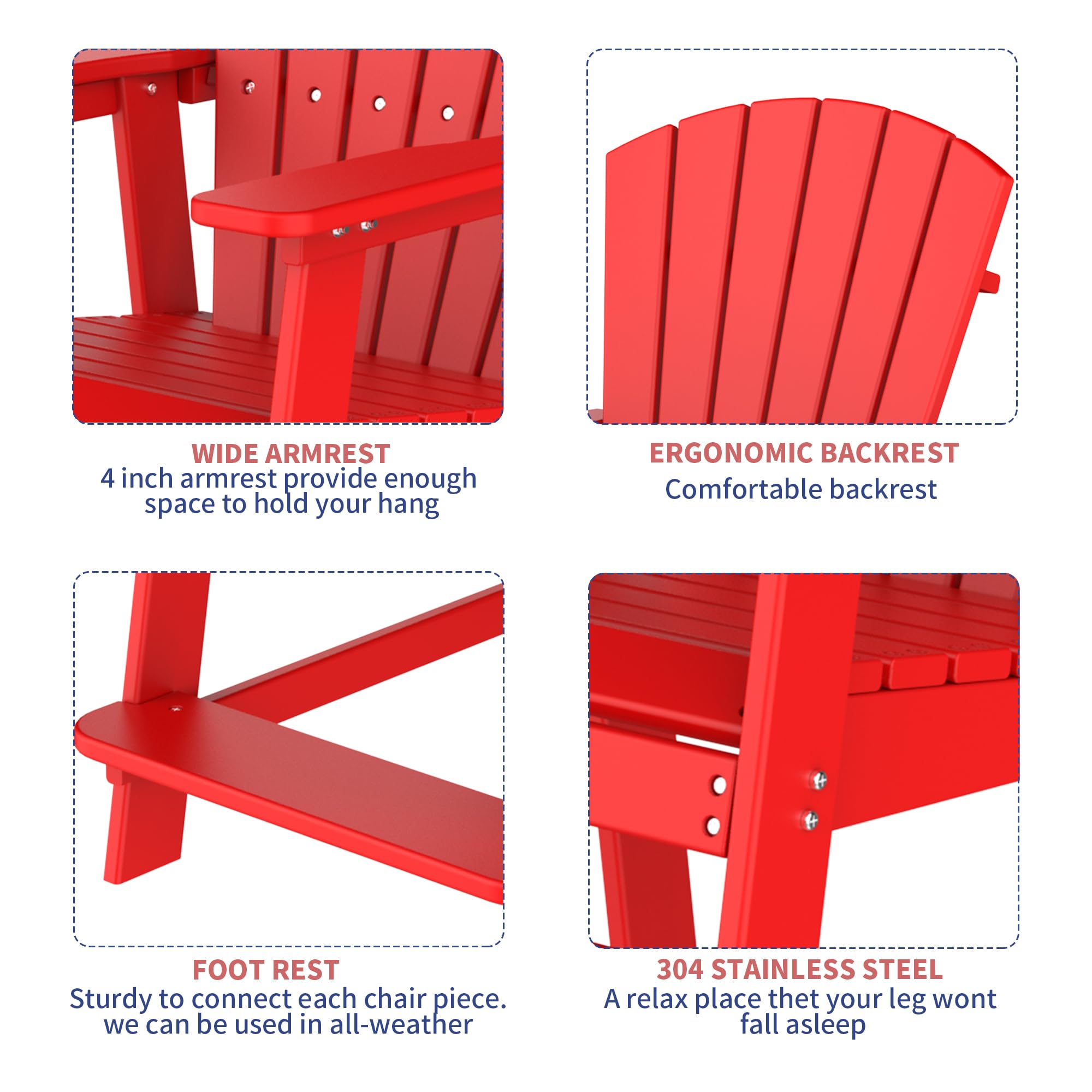 VSMKSJ Tall Adirondack Chair, HDPE Adirondack Chair with Footrest,Outdoor Patio Bar Stools for Lawn, Balcony, Backyard, Poolside (Red, 2pcs)