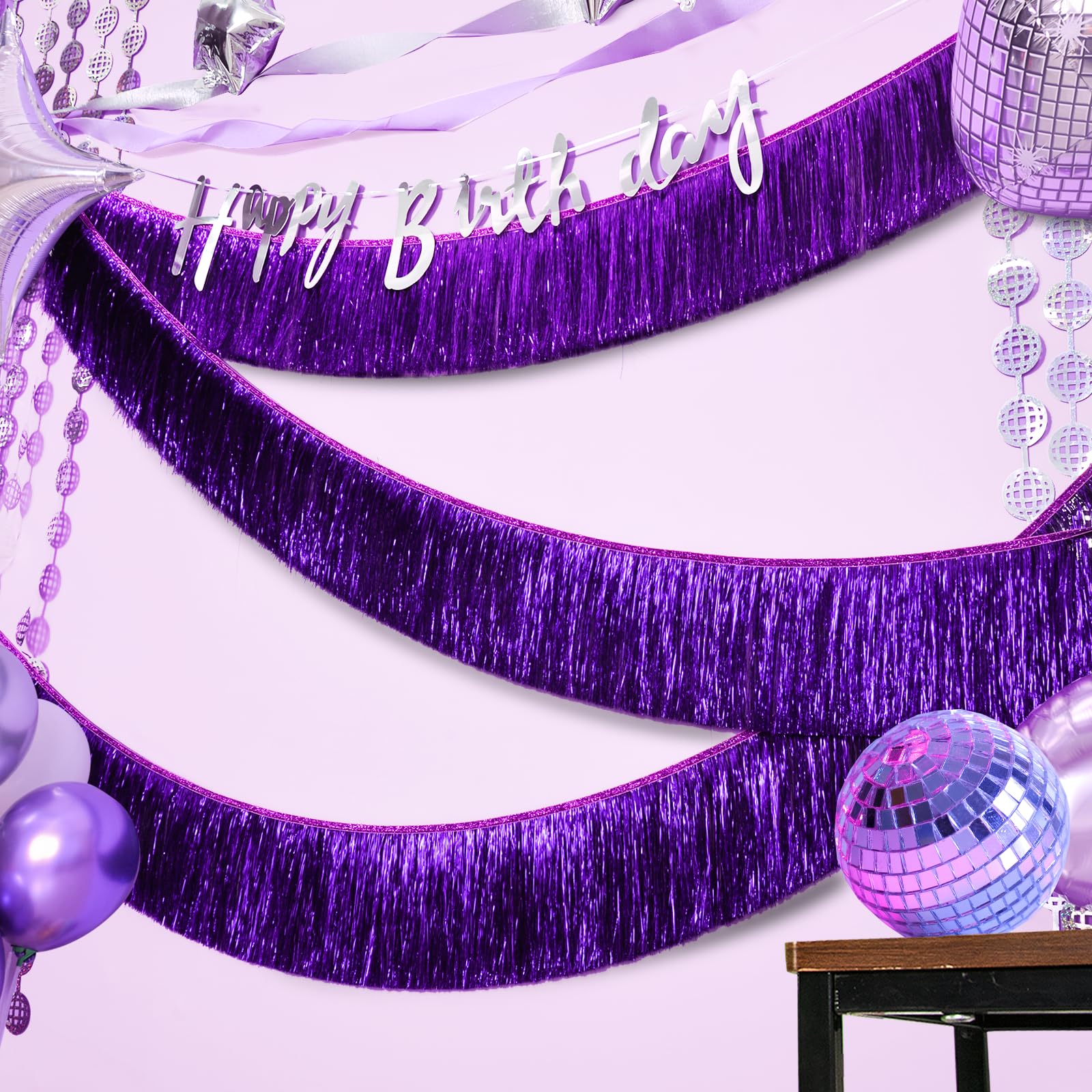 C＆B Purple Fringe Banner for Party Decorations,6.07 Ft Hanging Fringe Tinsel Garland, Metallic Foil Purple Streamer Photo Backdrop for The 70s & 80s Last Disco Bachelorette Party, Birthday Party Decor