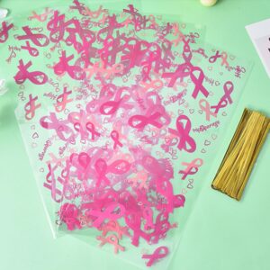 Ysqool 50 Breast Cancer Support Cellophane Treat Bags,Pink Ribbon Pattern Party Bags Clear Plastic Candy Goodie Gift Bags with Gold Twist Ties for Breast Cancer Awareness Party Supplies Gift Wrapping