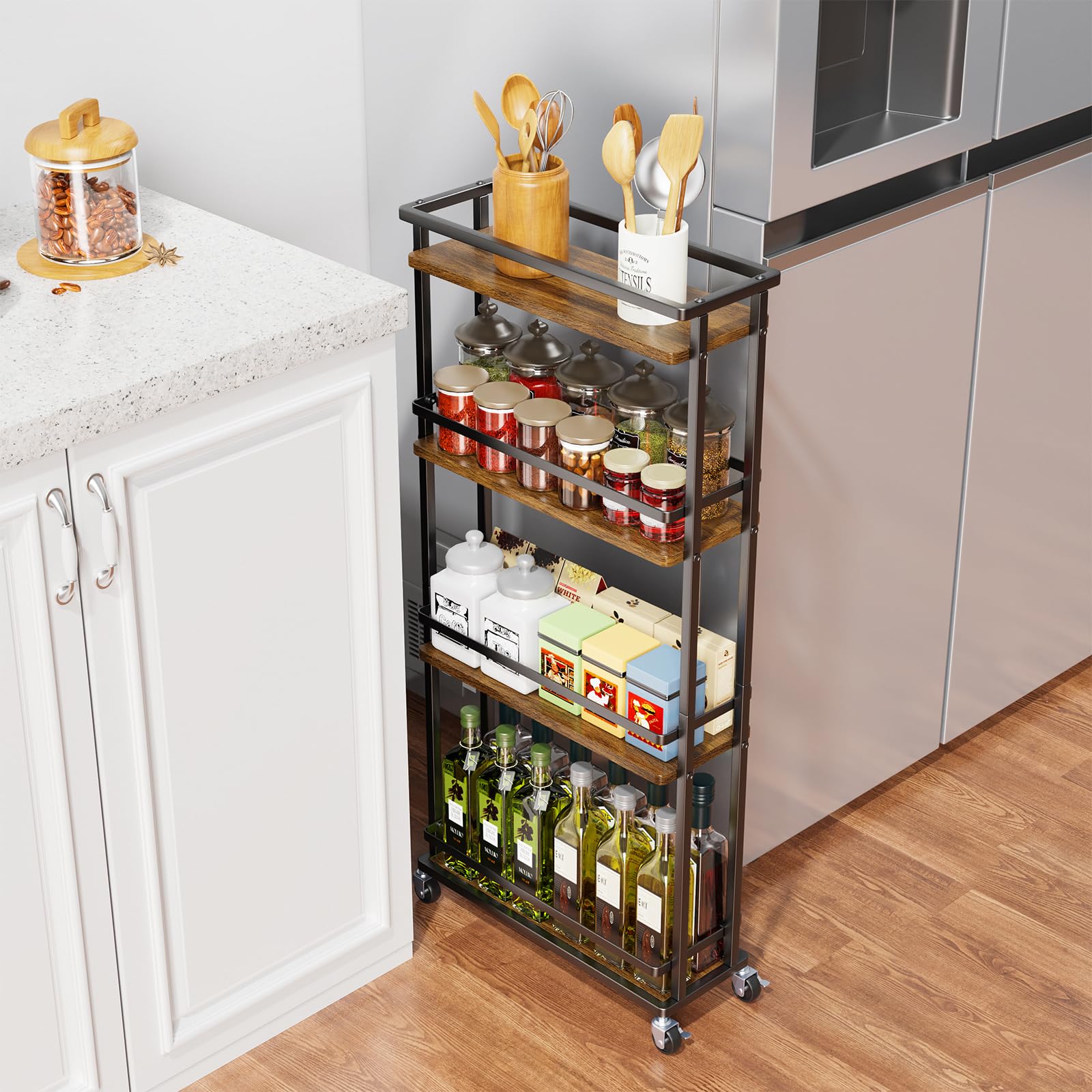 Giwil Slim Storage Cart 4 Tier Narrow Kitchen Rolling Cart on Wheels for Small Space, Mobile Spice Rack Seasoning Organizer Utility Serving Cart for Kitchen Bathroom Laundry, Brown