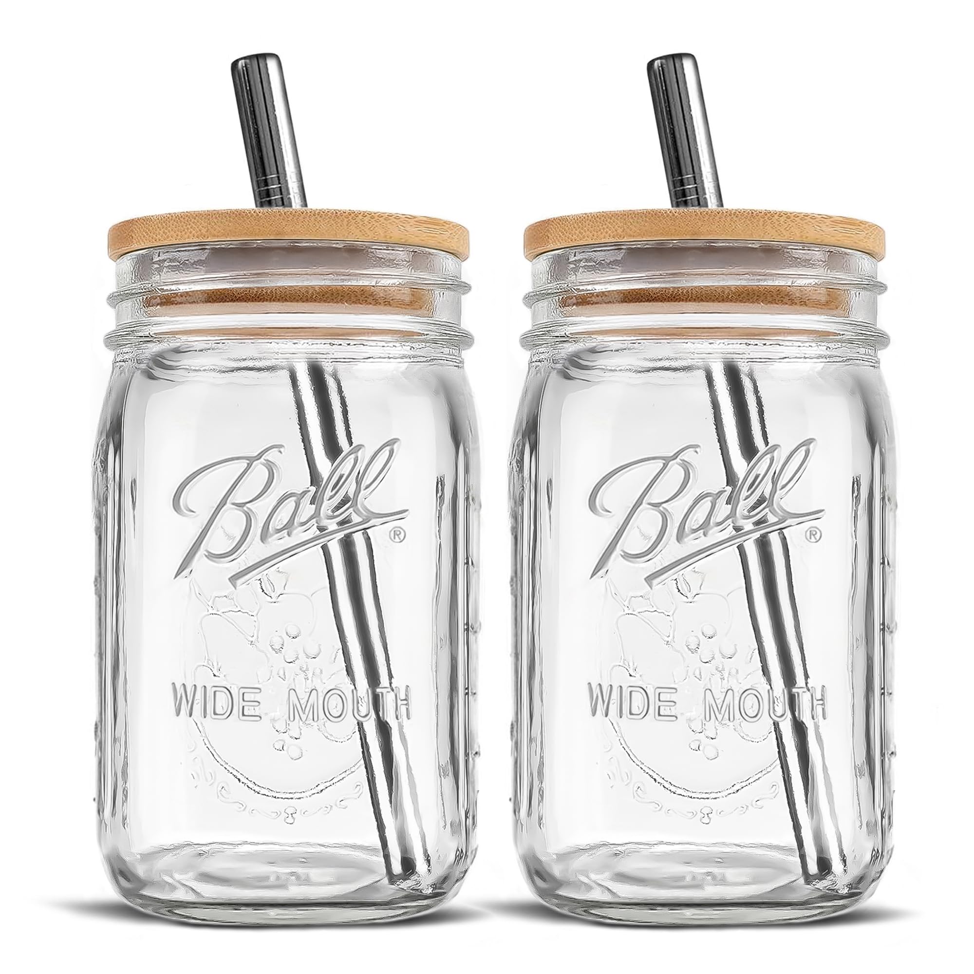 Reusable Boba Glass Cups With Lids and Straws - (2 Pack) - Ball Wide Mouth 32 oz Mason Drinking Jars with Reusable Bamboo Lids & Stainless Steel Straws for Iced Coffee, Smoothie, Milkshake, Tea