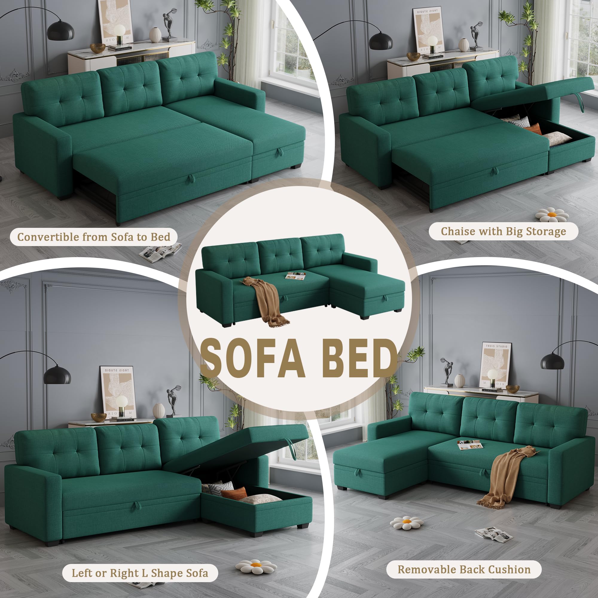 Favfurish 82" Sectional Sofa with Storage Chaise & Pull, L-Shape Convertible Couch Bed W/Tufted Backrest,Reversible Sleeper for Living Room Apartment Office, Green