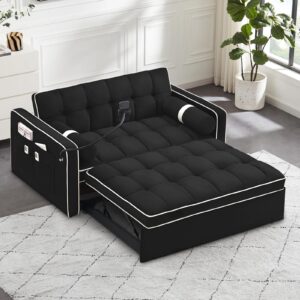 antetek upgraded sleeper sofa couch bed with phone holder, 3 in 1 small modern convertible velvet loveseat futon sofa w/pullout bed, adjustable backrest for living room apartment, small space, black