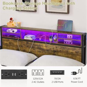 Full Size Bed Frame with Charging Station and Led Lights, Metal Platform Bed with Bookcase Storage Headboard, Heavy Duty Metal Slats, No Box Spring Needed, Easy Assembly, Noise-Free