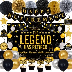 retirement party decorations men women, black gold happy retirement decorations, happy retirement banner, retired backdrop, balloons, pompoms, hanging swirls, retirement card, cake topper set 54pcs