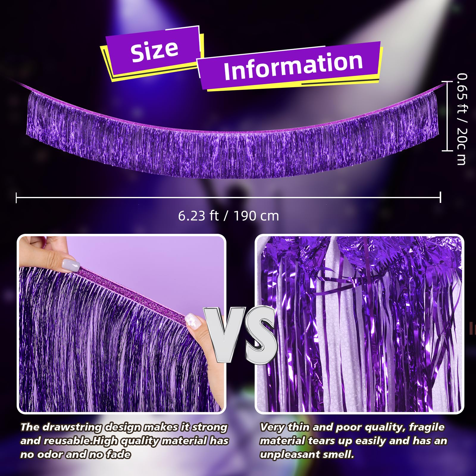 C＆B Purple Fringe Banner for Party Decorations,6.07 Ft Hanging Fringe Tinsel Garland, Metallic Foil Purple Streamer Photo Backdrop for The 70s & 80s Last Disco Bachelorette Party, Birthday Party Decor