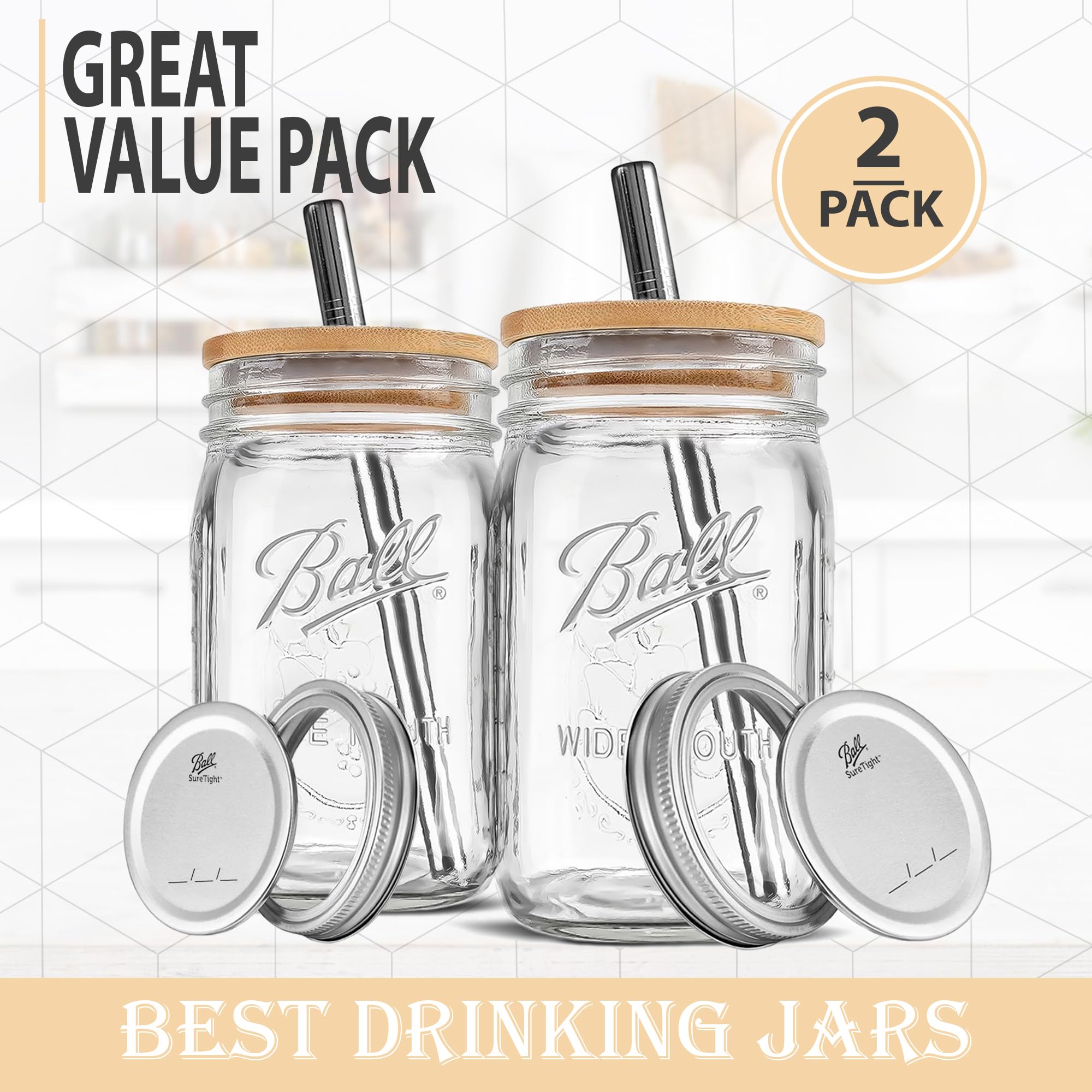 Reusable Boba Glass Cups With Lids and Straws - (2 Pack) - Ball Wide Mouth 32 oz Mason Drinking Jars with Reusable Bamboo Lids & Stainless Steel Straws for Iced Coffee, Smoothie, Milkshake, Tea