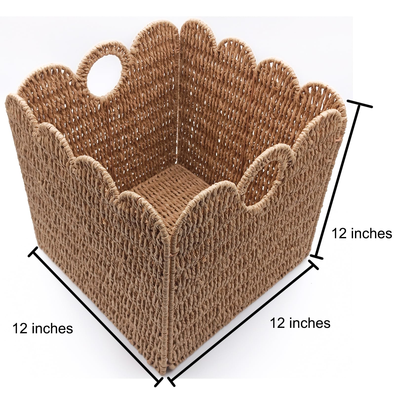 Scalloped Wicker Storage Cubes Basket, 12x12 Heavy Duty Hyacinth Baskets for Shelves, Foldable Natural Boho Square Bins (Renewable Paper Rope 4Pcs, 12x12in)