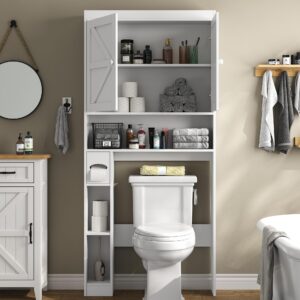 furomate Over The Toilet Storage Cabinet with Barn Doors, 32.3''W Free Standing Toilet Storage Shelf Space Saver with Adjustable Bottom Bar, White