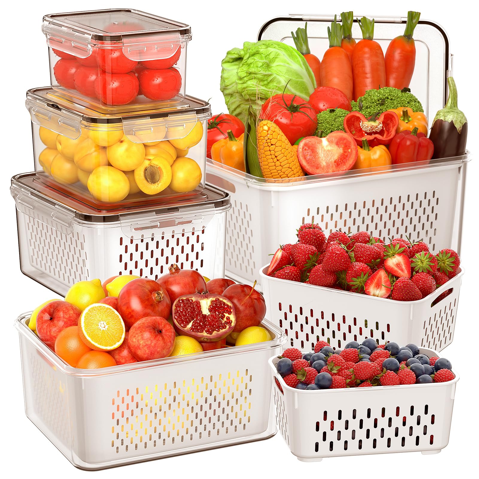 5 PCS Large Fruit Storage Containers for Fridge with Removable Colanders, Airtight Food Storage Containers with 5 Lids, 4 in 1 Produce Containers Keep Berry Fruits Vegetable Food Meat Fresh Longer