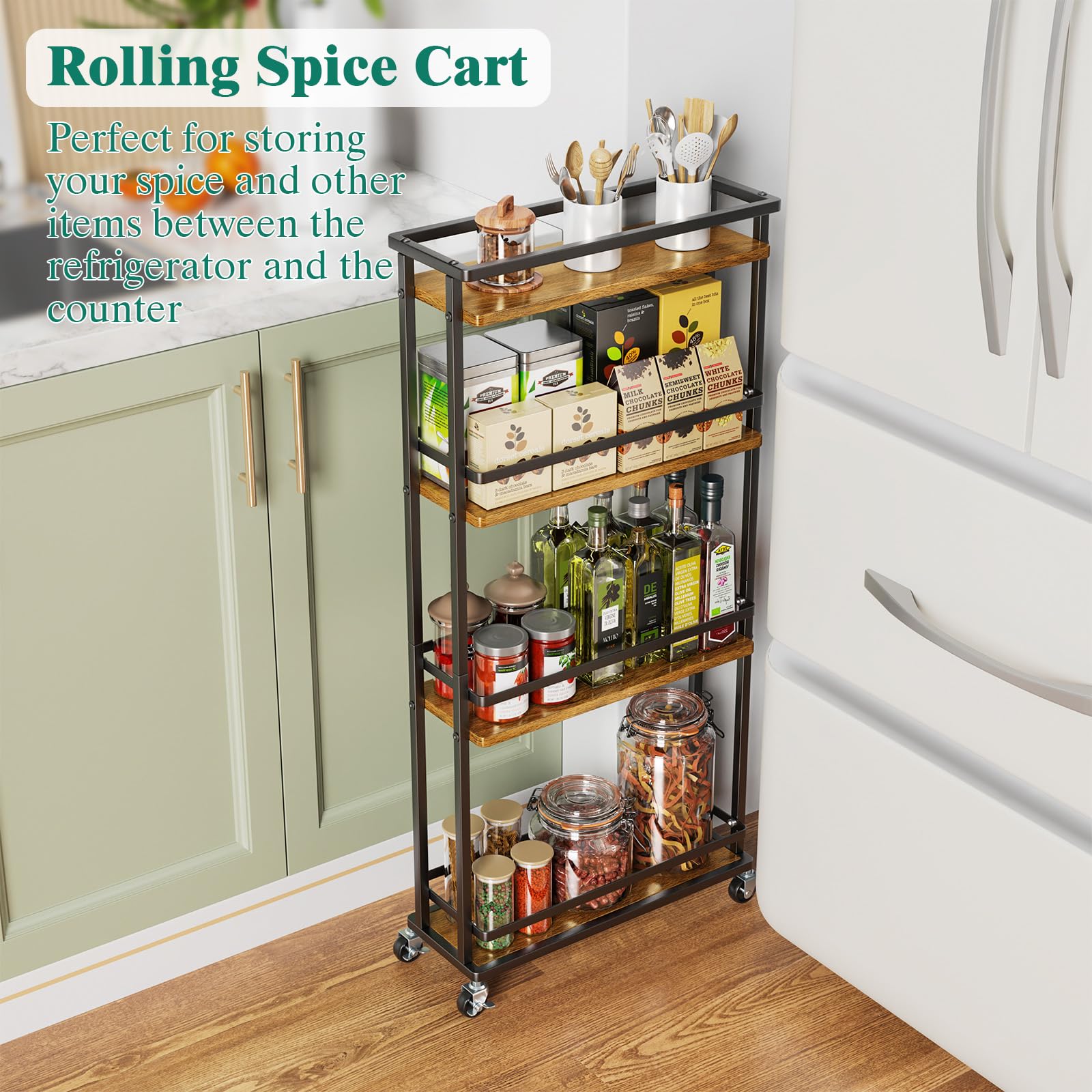 Giwil Slim Storage Cart 4 Tier Narrow Kitchen Rolling Cart on Wheels for Small Space, Mobile Spice Rack Seasoning Organizer Utility Serving Cart for Kitchen Bathroom Laundry, Brown