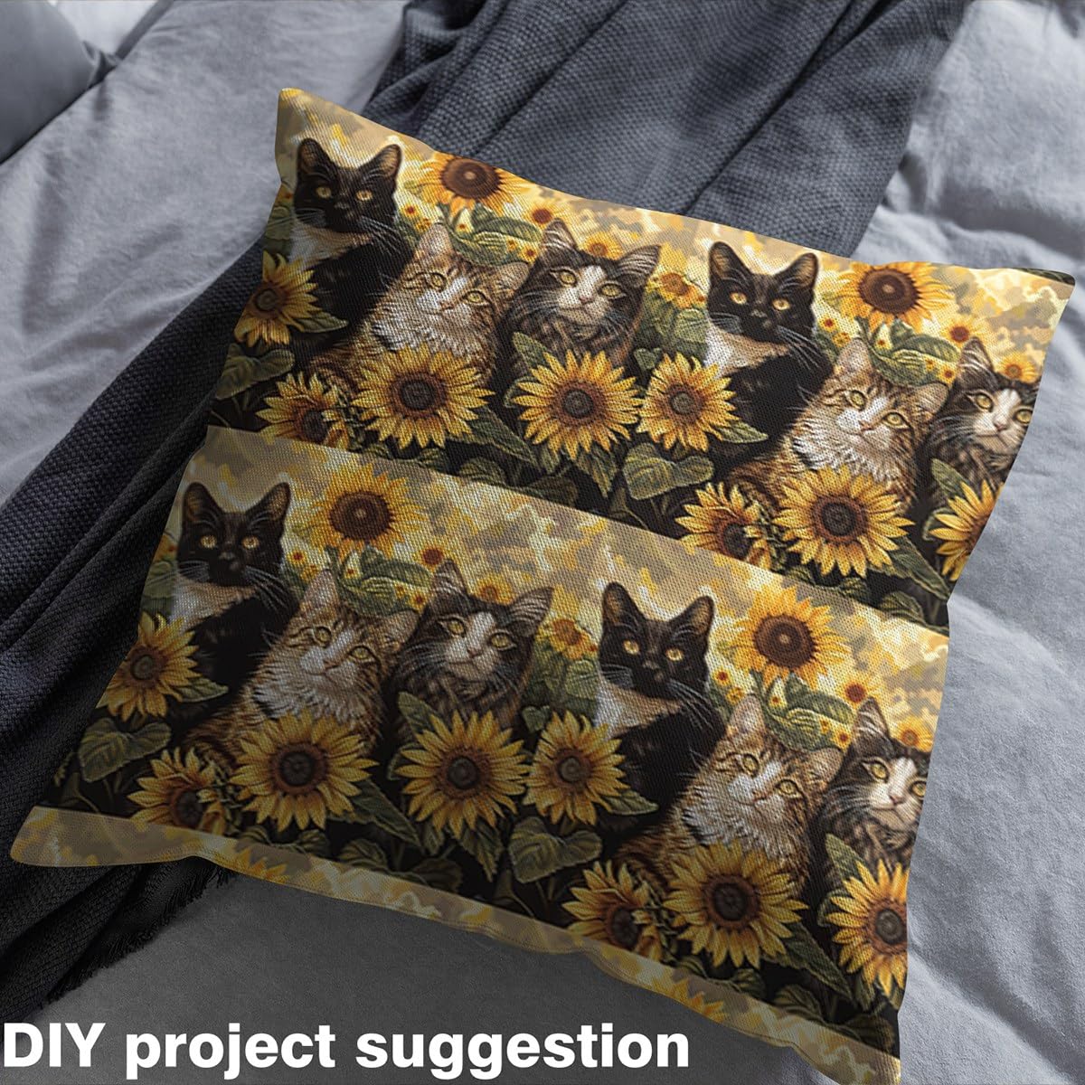 Feelyou Cute Cat Fabric by The Yard 1 Yard Cartoon Cat Print Upholstery Fabric for Chairs for Boys Girls Sunflower Decorative Waterproof Outdoor Fabric Cat Lover's Gift Fabric for Home DIY Projects