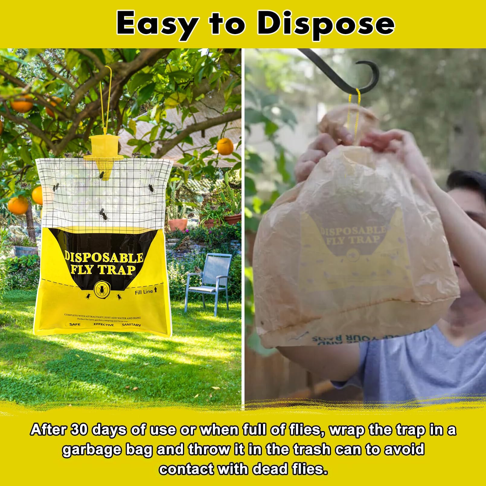 2 Pack10.8 * 12.6 Inch Big Fly Traps Disposable Bag Outdoor Hanging with Natural Baited, Mosquito Bug Flying Insect Trap Catchers Killer, Stable Horse Fly Hunter Trap Control for Barn Ranch