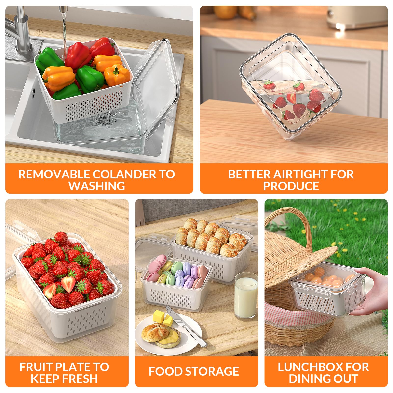 5 PCS Large Fruit Storage Containers for Fridge with Removable Colanders, Airtight Food Storage Containers with 5 Lids, 4 in 1 Produce Containers Keep Berry Fruits Vegetable Food Meat Fresh Longer