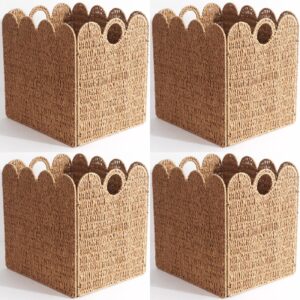 scalloped wicker storage cubes basket, 12x12 heavy duty hyacinth baskets for shelves, foldable natural boho square bins (renewable paper rope 4pcs, 12x12in)