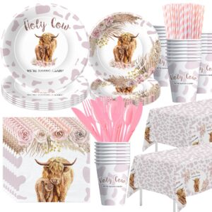 xenorik highland cow baby shower decorations tableware - holy cow baby girl party supplies, paper plate, cup, napkin, tablecloth, cutlery, boho highland cow baby shower table decorations | serve 24