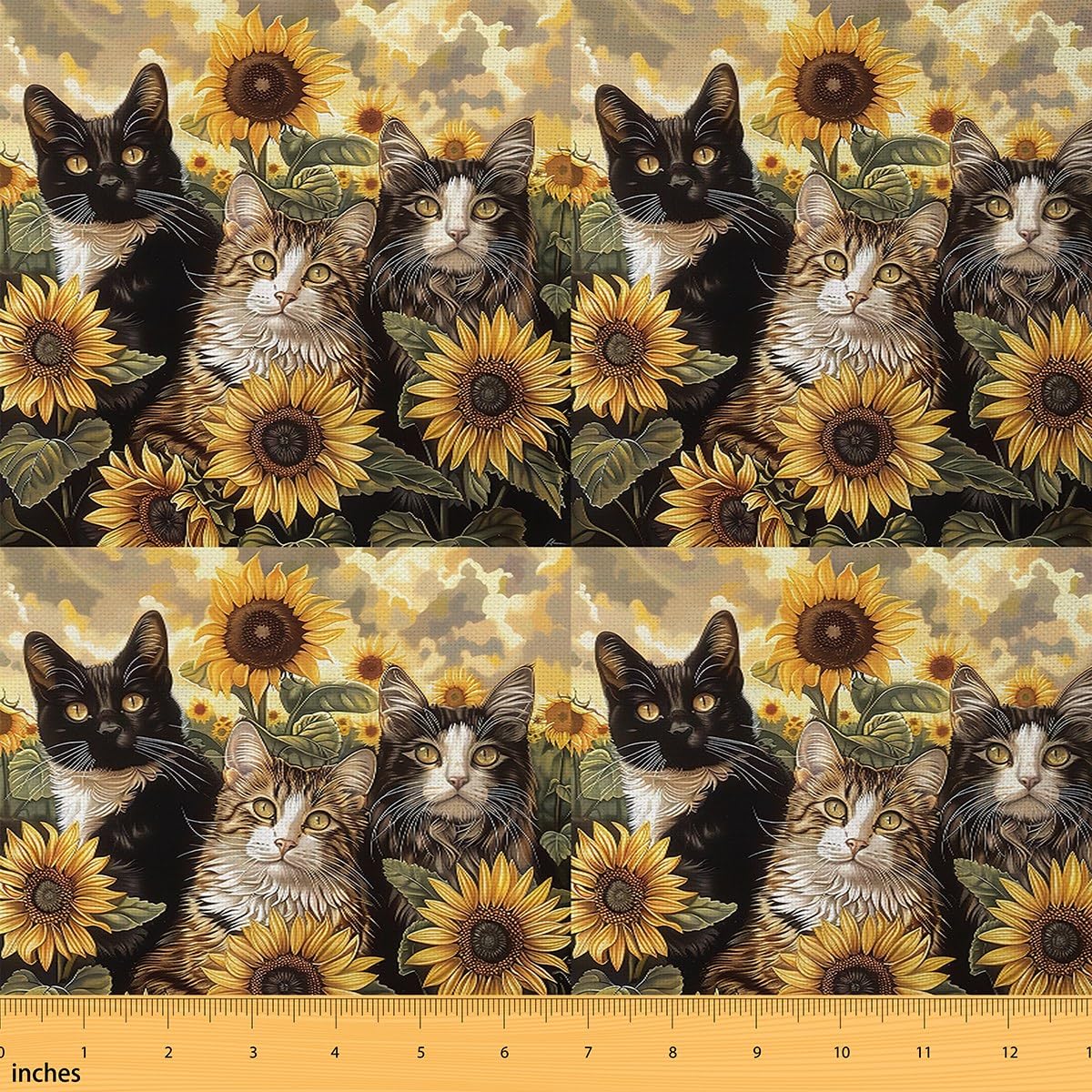 Feelyou Cute Cat Fabric by The Yard 1 Yard Cartoon Cat Print Upholstery Fabric for Chairs for Boys Girls Sunflower Decorative Waterproof Outdoor Fabric Cat Lover's Gift Fabric for Home DIY Projects