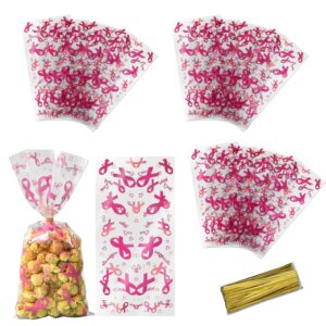 ysqool 50 breast cancer support cellophane treat bags,pink ribbon pattern party bags clear plastic candy goodie gift bags with gold twist ties for breast cancer awareness party supplies gift wrapping