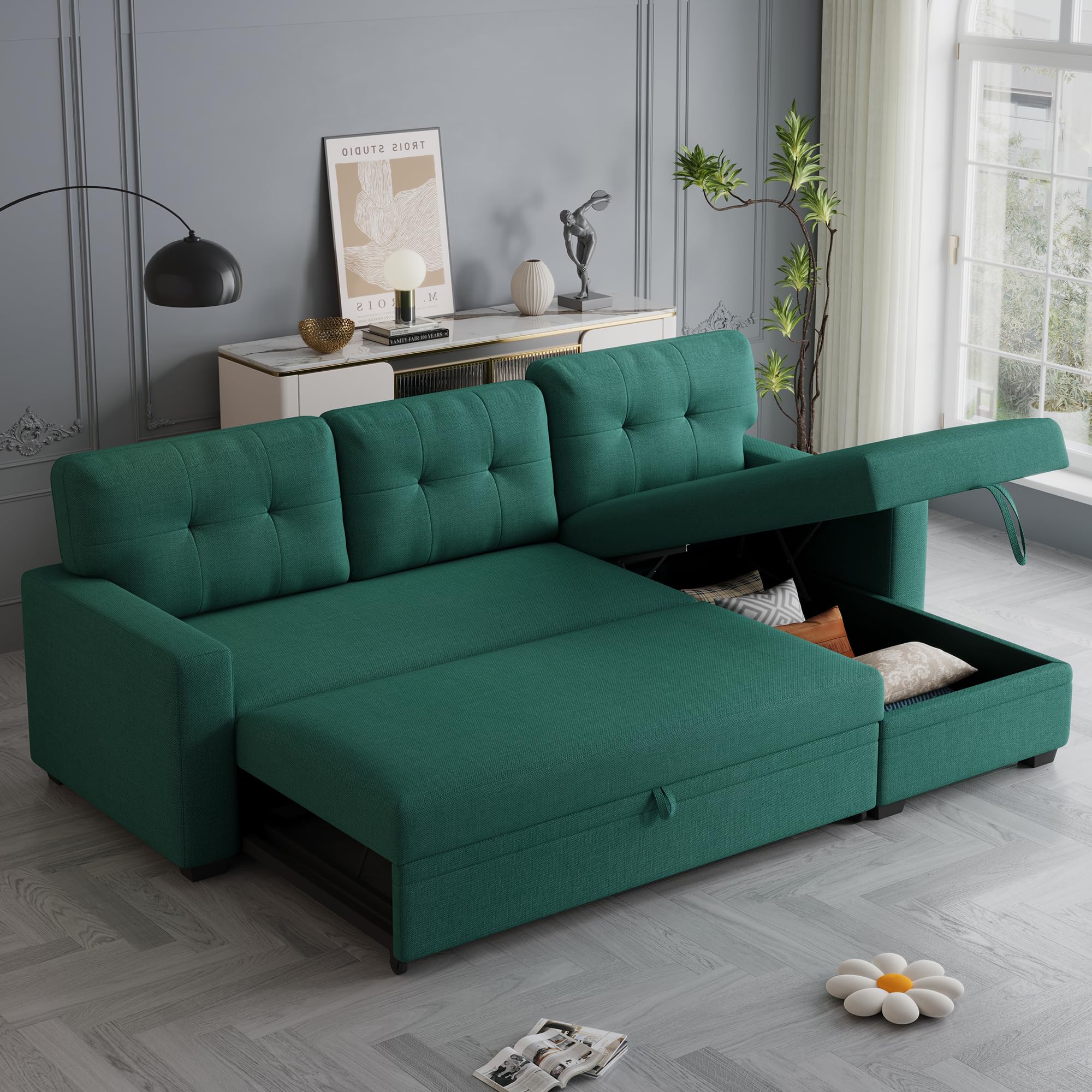 Favfurish 82" Sectional Sofa with Storage Chaise & Pull, L-Shape Convertible Couch Bed W/Tufted Backrest,Reversible Sleeper for Living Room Apartment Office, Green