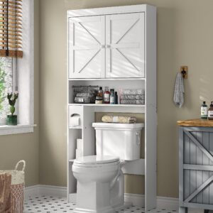 furomate over the toilet storage cabinet with barn doors, 32.3''w free standing toilet storage shelf space saver with adjustable bottom bar, white