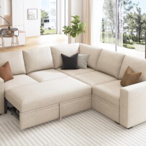 HONBAY Modular Sectional Sleeper Sofa with Pull Out Bed, L Shaped Sectional Couch with Storage Seat, Convertible Sectional Couches for Living Room, Beige