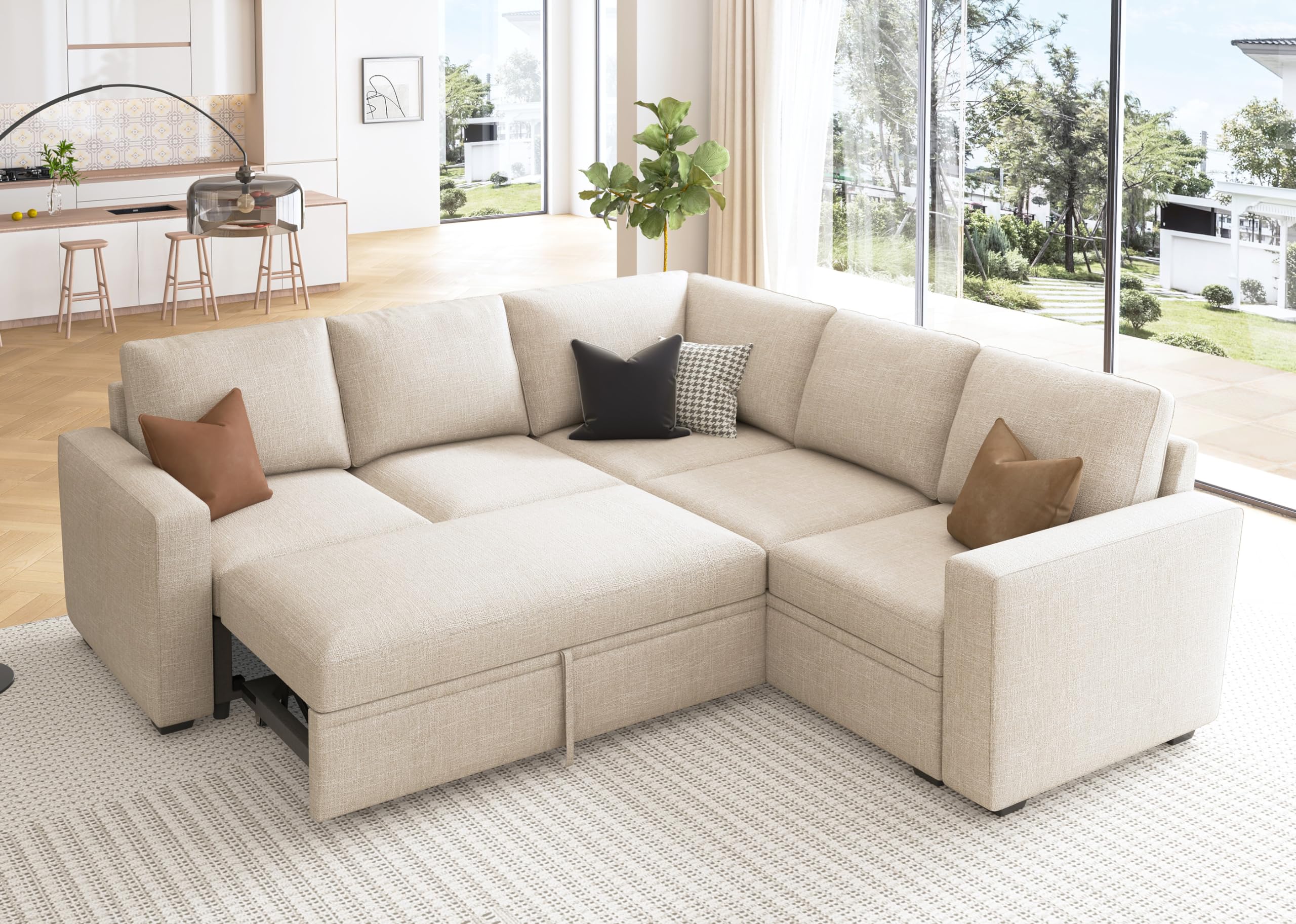 HONBAY Modular Sectional Sleeper Sofa with Pull Out Bed, L Shaped Sectional Couch with Storage Seat, Convertible Sectional Couches for Living Room, Beige