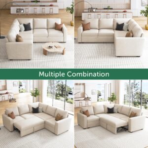 HONBAY Modular Sectional Sleeper Sofa with Pull Out Bed, L Shaped Sectional Couch with Storage Seat, Convertible Sectional Couches for Living Room, Beige