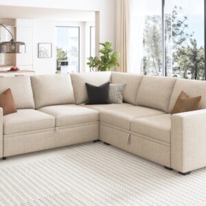 HONBAY Modular Sectional Sleeper Sofa with Pull Out Bed, L Shaped Sectional Couch with Storage Seat, Convertible Sectional Couches for Living Room, Beige