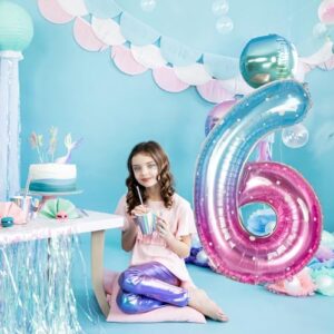 40 Inch Balloon Number 6 Blue Pink, Large Foil Mermaid 6 Balloons Number for Women, Starry Rainbow Globos de Numero 6 Helium Balloons for Girls 6th Birthday Anniversary Graduation Party Decorations