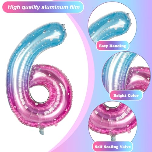 40 Inch Balloon Number 6 Blue Pink, Large Foil Mermaid 6 Balloons Number for Women, Starry Rainbow Globos de Numero 6 Helium Balloons for Girls 6th Birthday Anniversary Graduation Party Decorations