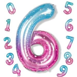 40 inch balloon number 6 blue pink, large foil mermaid 6 balloons number for women, starry rainbow globos de numero 6 helium balloons for girls 6th birthday anniversary graduation party decorations