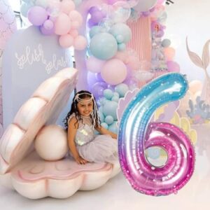 40 Inch Balloon Number 6 Blue Pink, Large Foil Mermaid 6 Balloons Number for Women, Starry Rainbow Globos de Numero 6 Helium Balloons for Girls 6th Birthday Anniversary Graduation Party Decorations