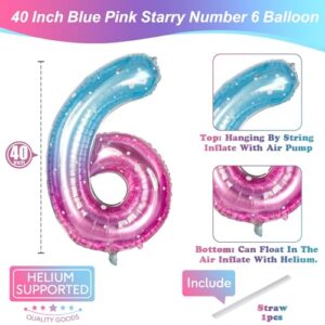 40 Inch Balloon Number 6 Blue Pink, Large Foil Mermaid 6 Balloons Number for Women, Starry Rainbow Globos de Numero 6 Helium Balloons for Girls 6th Birthday Anniversary Graduation Party Decorations