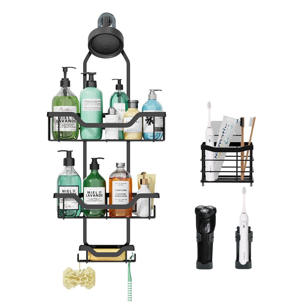 HMIEPRS Hanging Shower Caddy Over Shower Head, Bathroom Shower Organizer Hanging with Soap Holder Hooks, Large Capacity Shower Rack Basket Shelf for Towels, Sponge, Razor, Shampoo