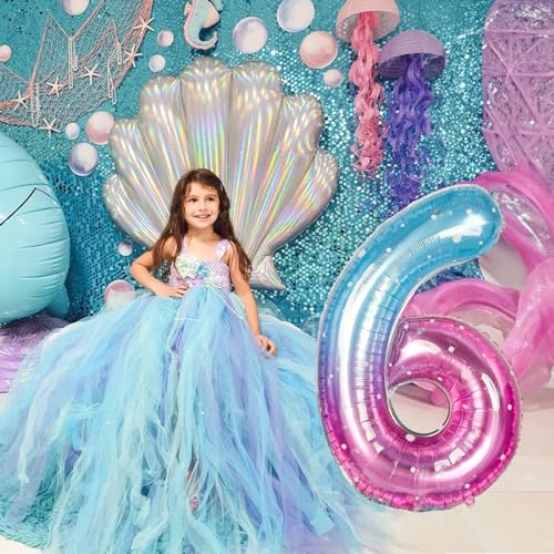 40 Inch Balloon Number 6 Blue Pink, Large Foil Mermaid 6 Balloons Number for Women, Starry Rainbow Globos de Numero 6 Helium Balloons for Girls 6th Birthday Anniversary Graduation Party Decorations